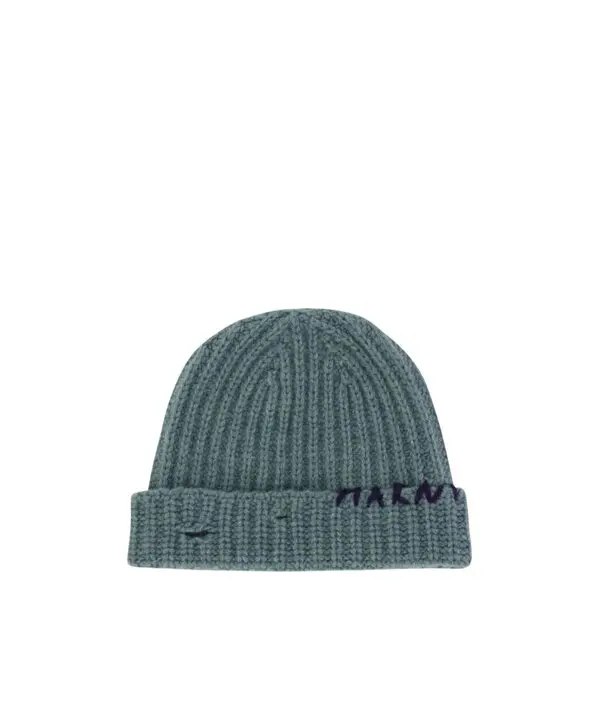 Marni Logo Embroidered Ribbed Beanie - Green