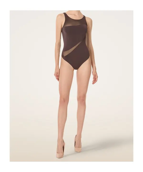 Wolford Shade Sheer Panel String Bodysuit - Soft Cacao