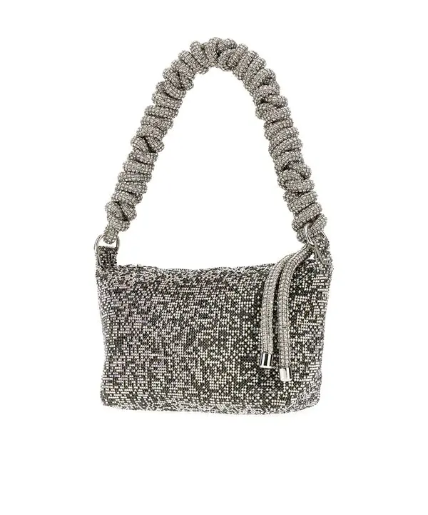 Kara Crystal Mesh Woven Handle Handbag - Gray
