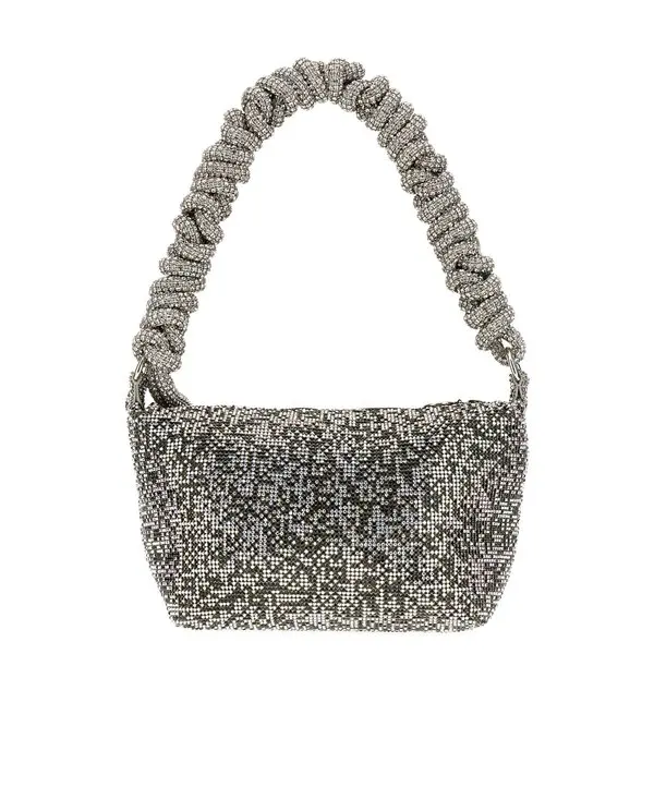 Kara Crystal Mesh Woven Handle Handbag - Gray