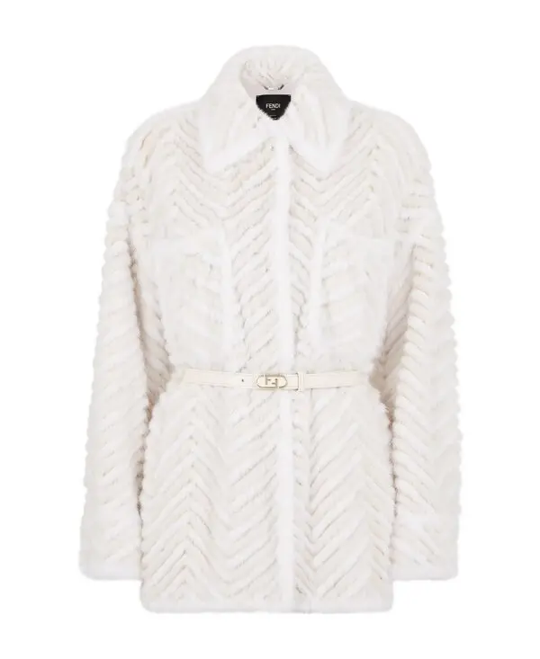 Fendi Marten Fur Jacket With Herringbone Pattern - White