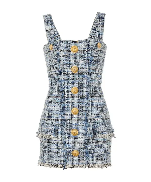 Balmain Short Tweed Dress With Gold Button Detail - Blue