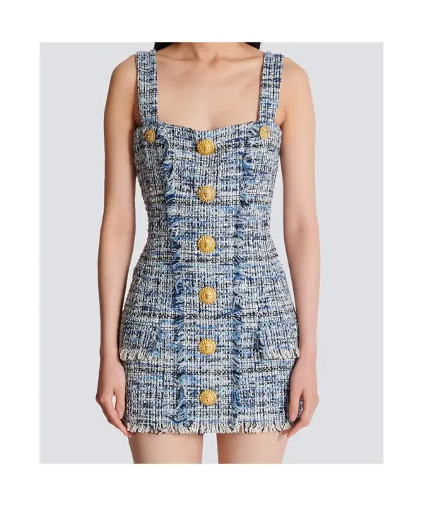 Balmain Short Tweed Dress With Gold Button Detail - Blue