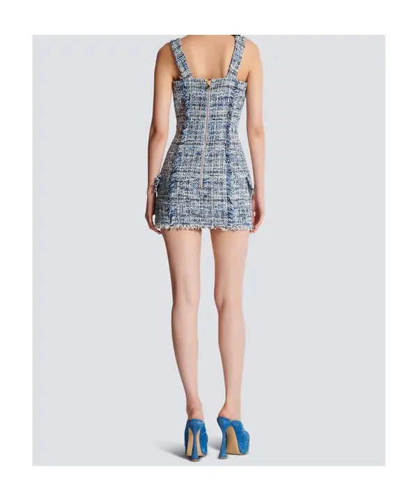 Balmain Short Tweed Dress With Gold Button Detail - Blue