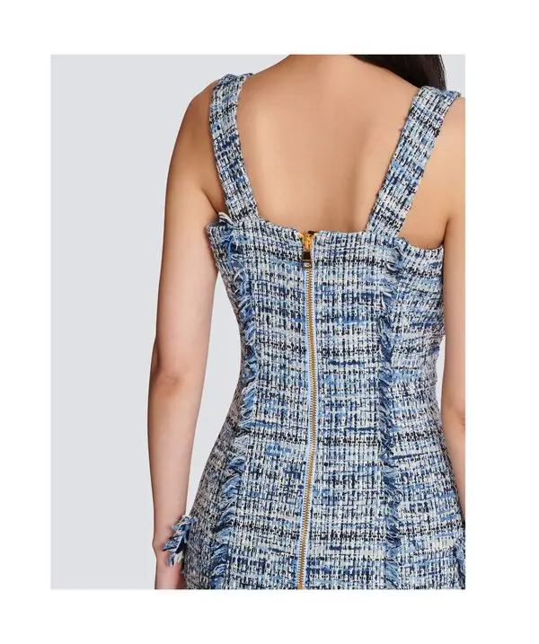 Balmain Short Tweed Dress With Gold Button Detail - Blue