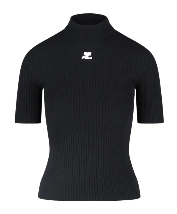 COURREGES Ribbed High Neck Short Sleeve Jumper With Logo - Black