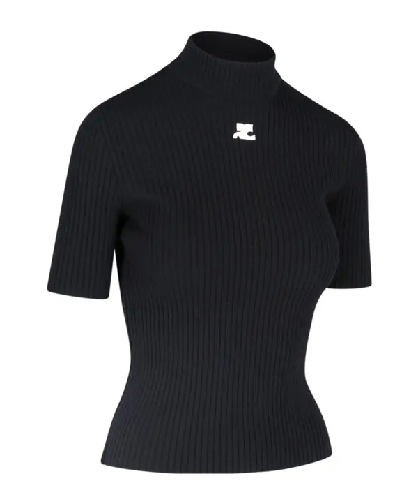 COURREGES Ribbed High Neck Short Sleeve Jumper With Logo - Black