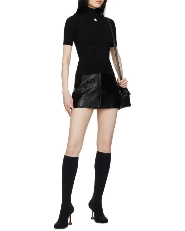 COURREGES Ribbed High Neck Short Sleeve Jumper With Logo - Black