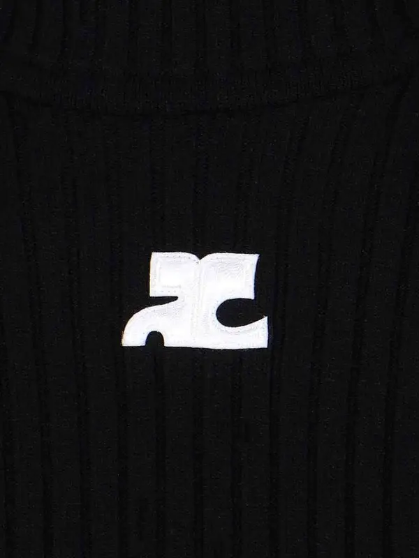 COURREGES Ribbed High Neck Short Sleeve Jumper With Logo - Black