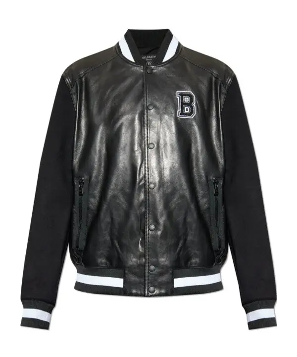 Balmain Varsity Leather Bomber Jacket - Black