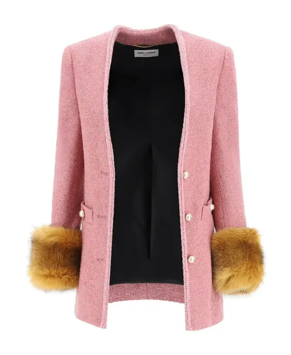 Saint Laurent Fitted Jacket With Faux Fur Detail - Pink
