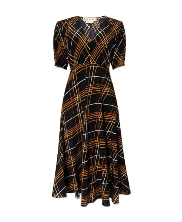 Marni Checked V-neck Dress With Bubble Sleeves