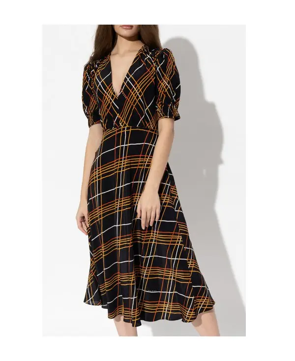 Marni Checked V-neck Dress With Bubble Sleeves
