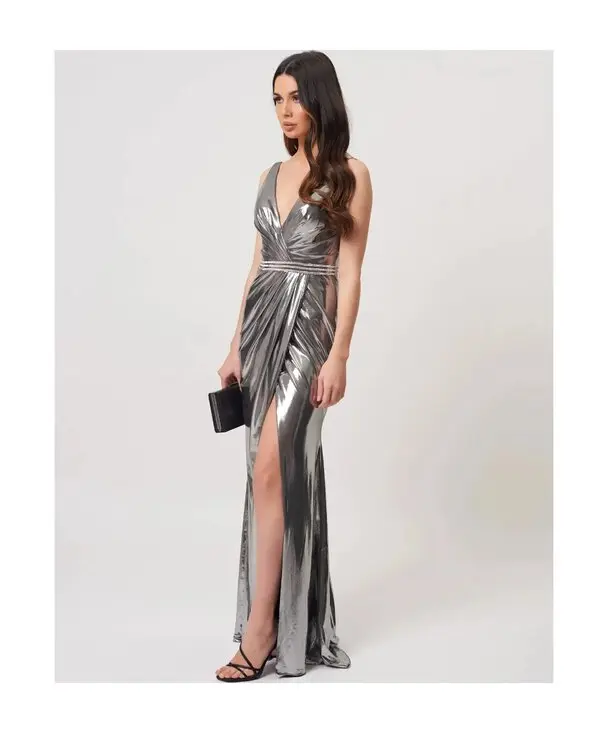 FOREVER UNIQUE Silver Metallic Embellished Wrap Maxi Dress