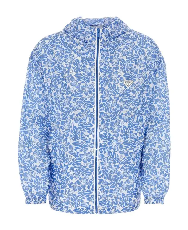 Prada Floral-printed Hooded Zip-up Jacket - Light Blue