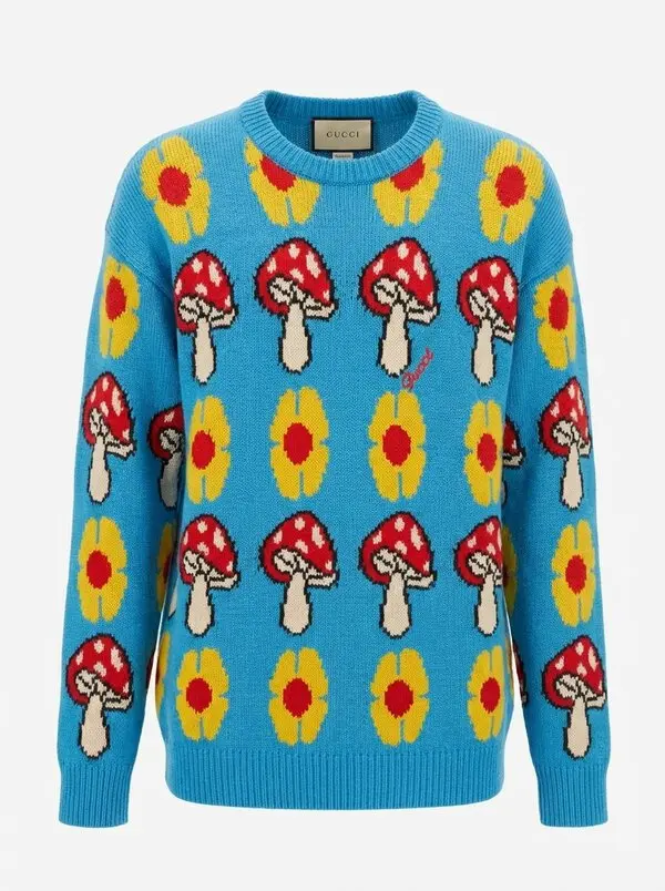 Gucci Jacquard Mushroom And Floral Crew Neck Jumper - Blue