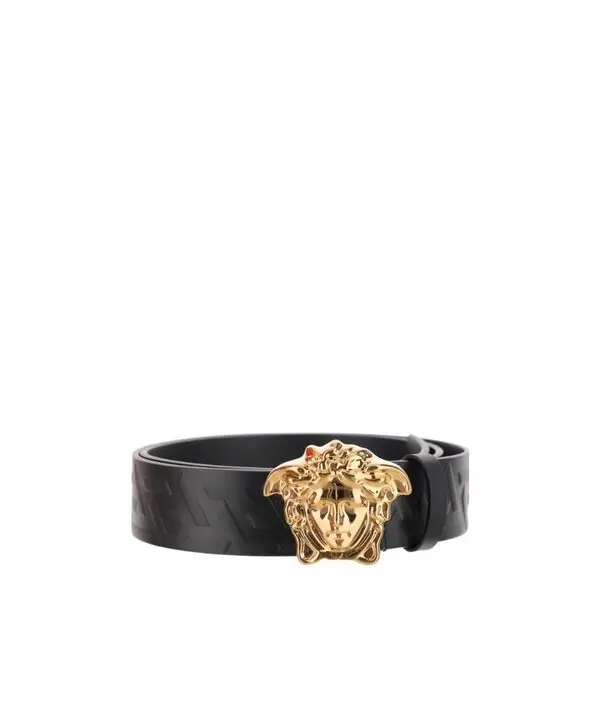 Versace Medusa Plaque Embossed Logo Leather Belt - Nude