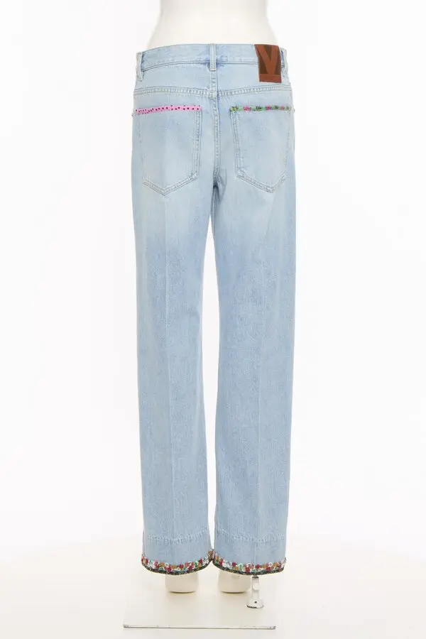 Valentino Garavani Embroidered Floral Hem Wide Leg Jeans