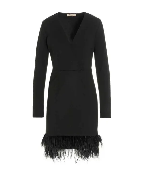TWINSET Feather Trim V-neck Mini Dress - Black