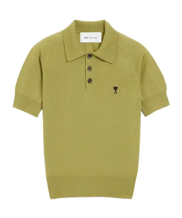 Ami Logo Embroidered Knitted Polo Top - Matcha/black