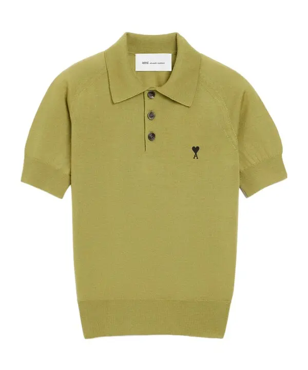 AMI Paris Logo Embroidered Knitted Polo Top - Matcha/black
