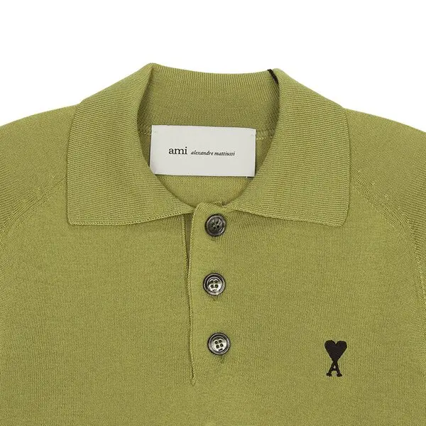 AMI Paris Logo Embroidered Knitted Polo Top - Matcha/black