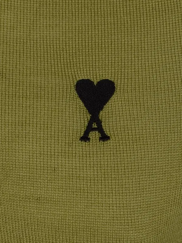 AMI Paris Logo Embroidered Knitted Polo Top - Matcha/black