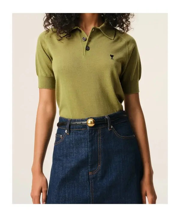 AMI Paris Logo Embroidered Knitted Polo Top - Matcha/black