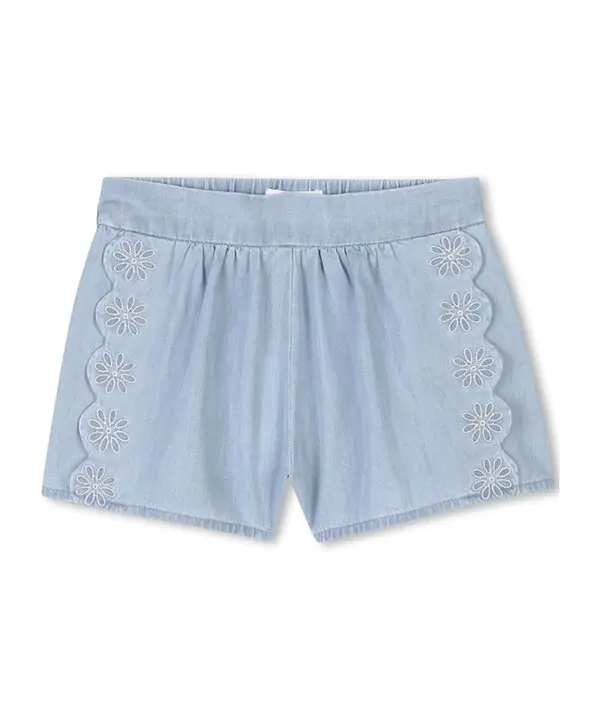 Chloé Scalloped Floral Embroidered Denim Shorts - Blue