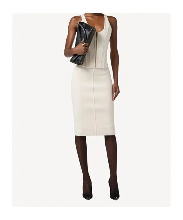 Elisabetta Franchi Ribbed Pencil Midi Skirt With Satin Buttons