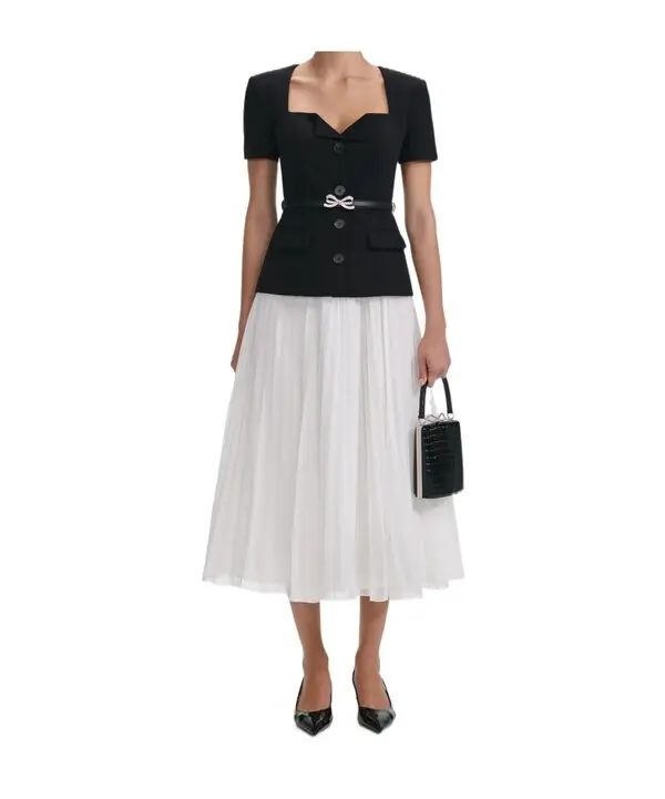 SELF-PORTRAIT Short Sleeve Midi Dress With Belted Waist