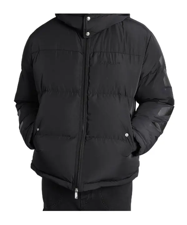 Off-White Zip-up High Neck Puffer Jacket With Graphic Pattern - Black