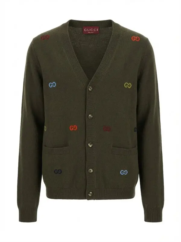 Gucci Multicolored Gg Intarsia V-neck Cardigan - Forest Green