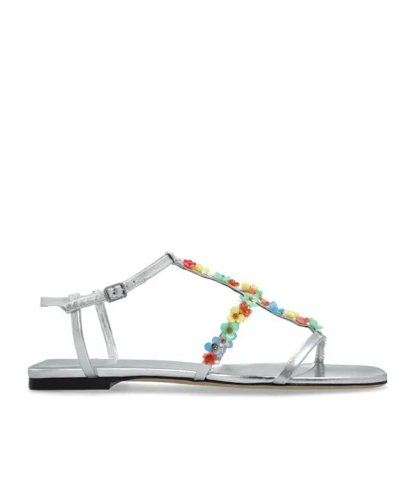 JIMMY CHOO Floral Embellished T-strap Sandals - Silver