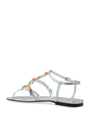 JIMMY CHOO Floral Embellished T-strap Sandals - Silver