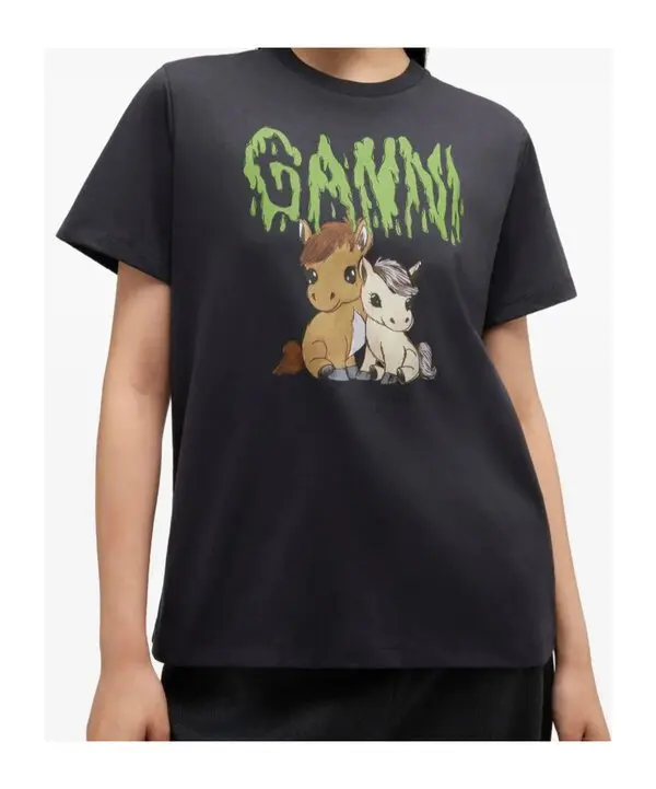 GANNI Logo Printed Crewneck T-shirt - Dark Grey