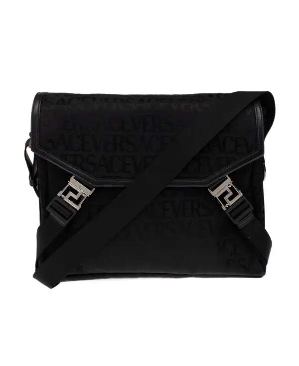 Versace All-over Logo Printed Foldover Top Messenger Bag - Black