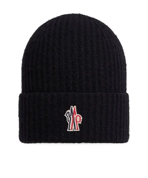 Moncler Ribbed Wool Beanie With Multi-color Logo Patch - Black