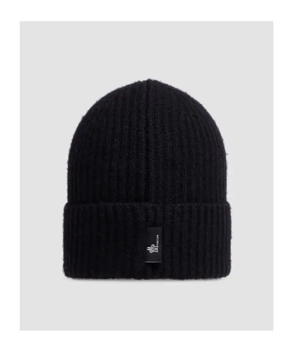 Moncler Ribbed Wool Beanie With Multi-color Logo Patch - Black