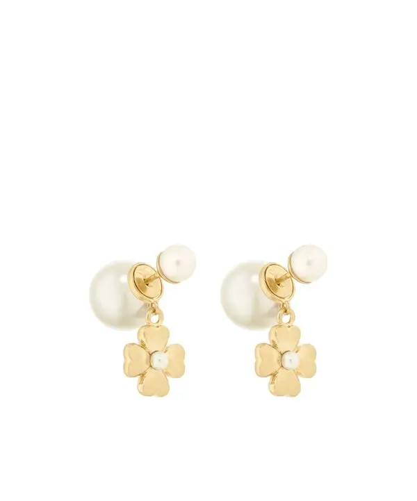 Dior Tribales Earrings With Faux Pearl And Four-leaf Clover Motif - Yellow
