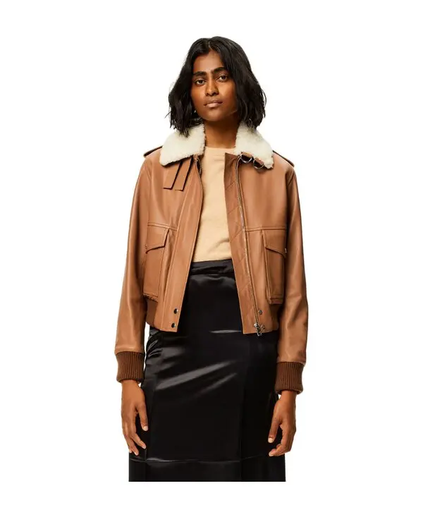 Loewe Zip-up Leather Pilot Jacket With Shearling Collar