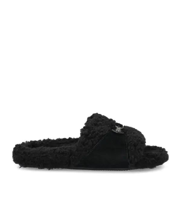 Balenciaga Faux Fur Slides With Studs And Buckle - Black
