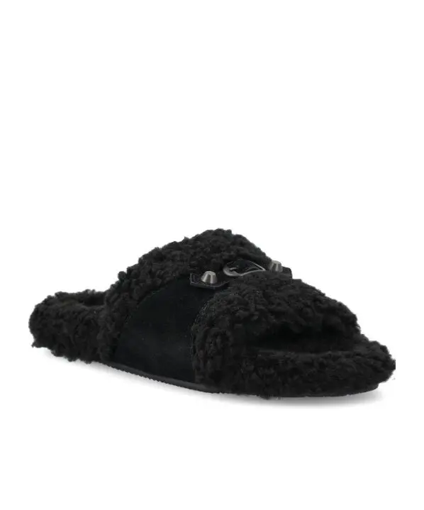 Balenciaga Faux Fur Slides With Studs And Buckle - Black