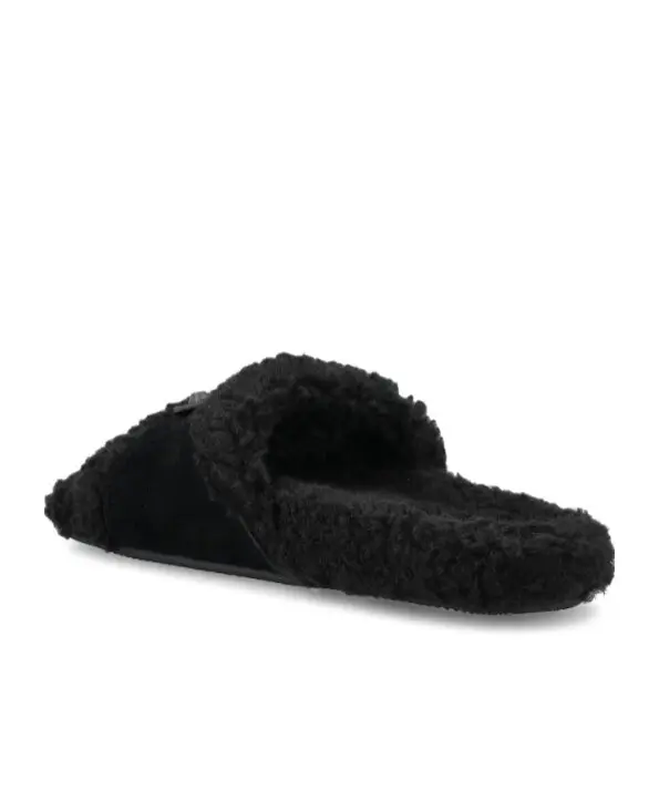 Balenciaga Faux Fur Slides With Studs And Buckle - Black