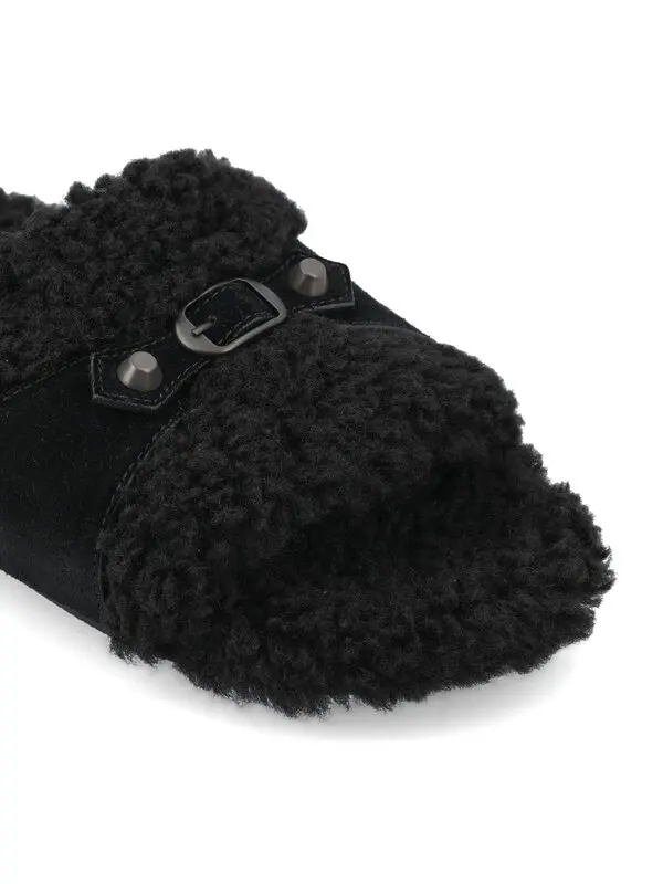 Balenciaga Faux Fur Slides With Studs And Buckle - Black