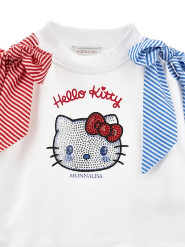 Monnalisa Crewneck Sweatshirt With Hello Kitty Motif And Striped Bows