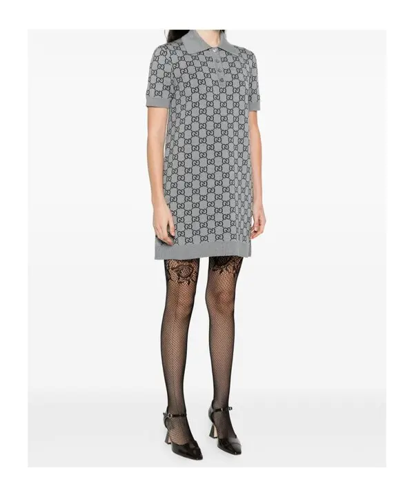 Gucci Allover Gg Patterned Short-sleeved Polo Dress - Gray