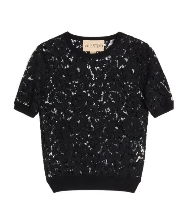 Valentino Garavani Lace Crewneck Short Sleeve Top - Black