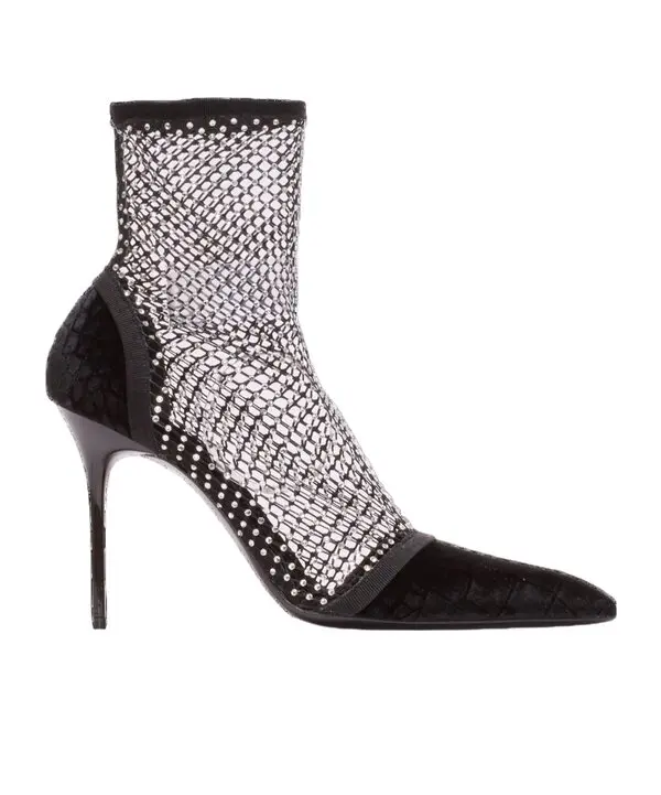 Balmain Mesh Heeled Ankle Boots With Velvet And Rhinestones