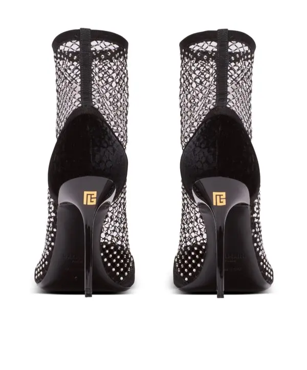 Balmain Mesh Heeled Ankle Boots With Velvet And Rhinestones